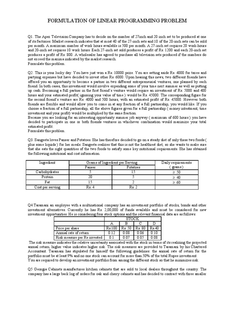 Formulation of Linear Programming Problem | PDF | Fertilizer | Paperboard