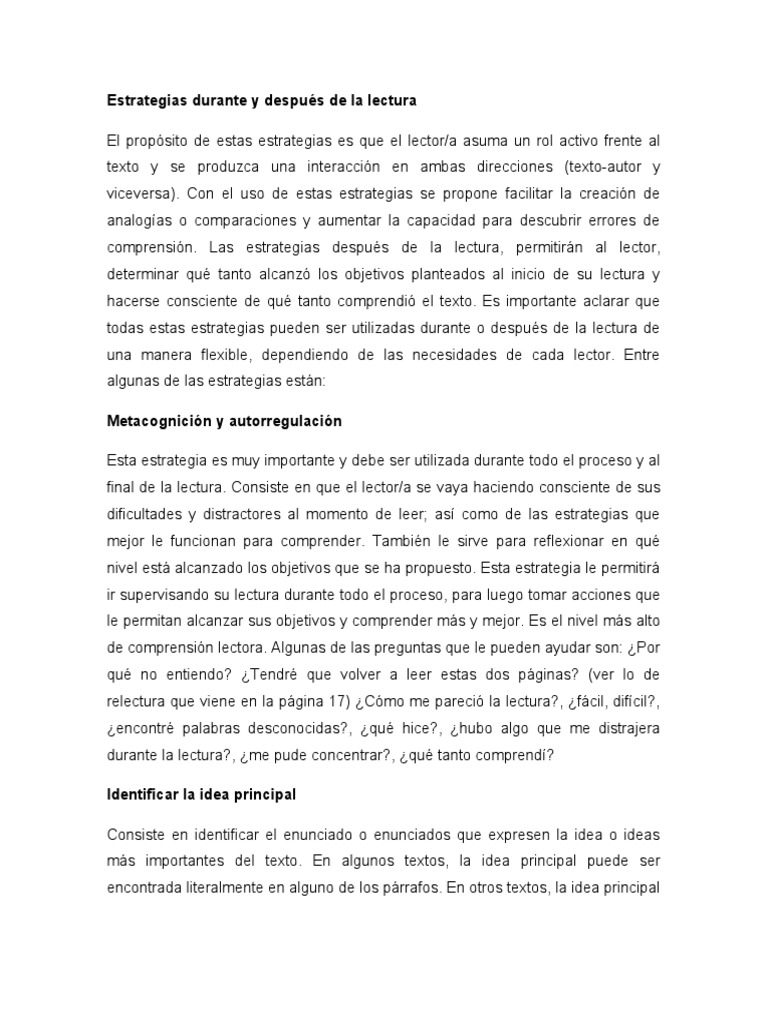 Estrategias de lectura: antes y después | PDF | Comprensión lectora ...