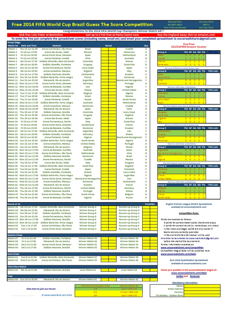 Soccer 2014 FIFA World Cup Brazil Excel Wall Chart | Rio De Janeiro ...