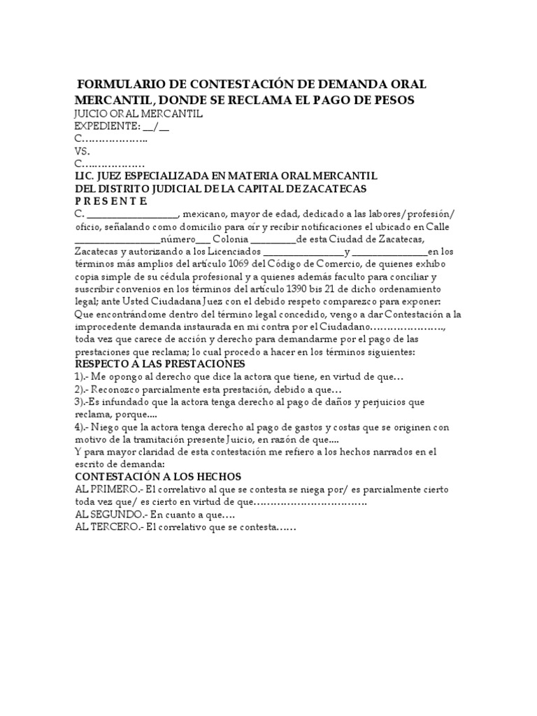Formulario De Contestación De Demanda Oral Mercantil Pdf Demanda