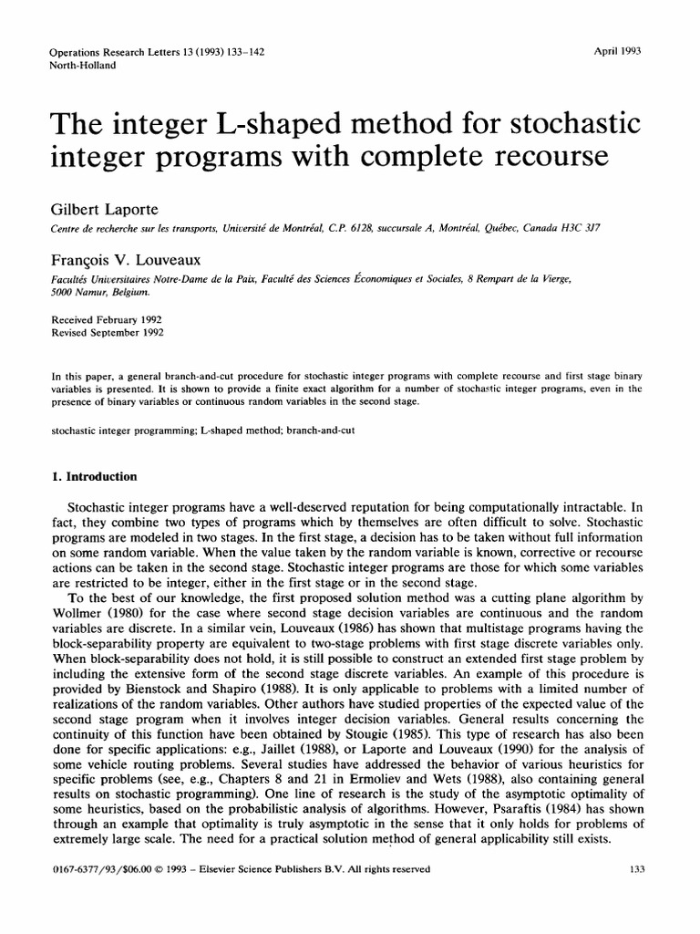 The Integer L-Shaped Method For Stochastic Integer Programs With Complete Recourse PDF | PDF ...