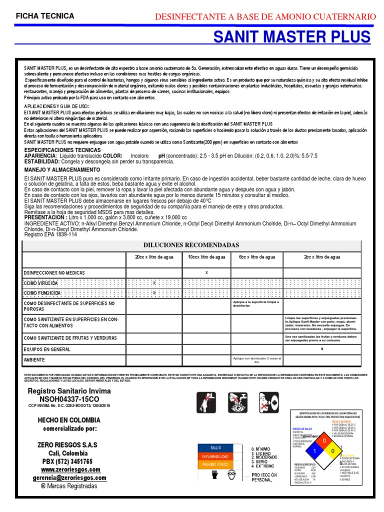 FT Desinfectante Sanit Plus PDF | PDF | Agua | Alimentos