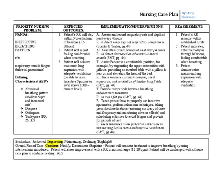 Nursing Care Plan: Priority Nursing Problem: Expected Outcomes ...