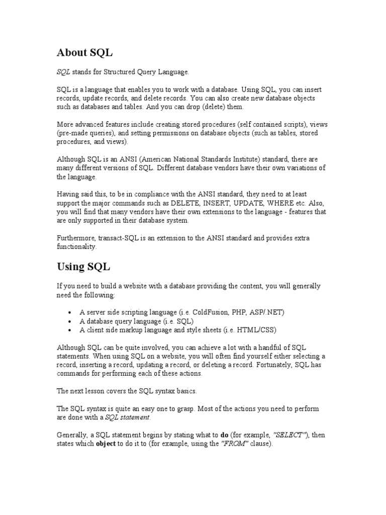 About SQL: SQL Stands For Structured Query Language | Download Free PDF | Database Index ...