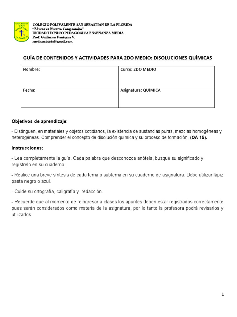 Guía de Contenidos y Actividades 2do Medio Disoluciones Químicas | PDF | Mezcla | Electrólito