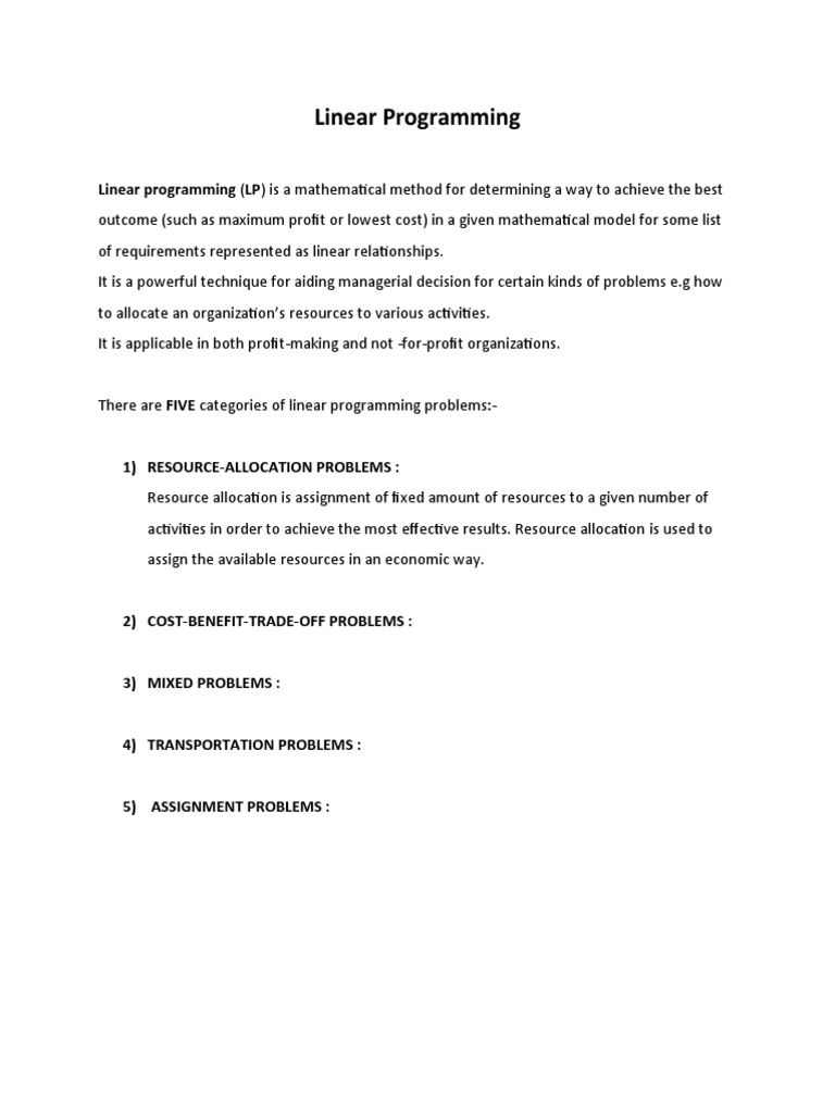 Linear Programming: Linear Programming (LP) Is A Mathematical Method For Determining A Way To ...