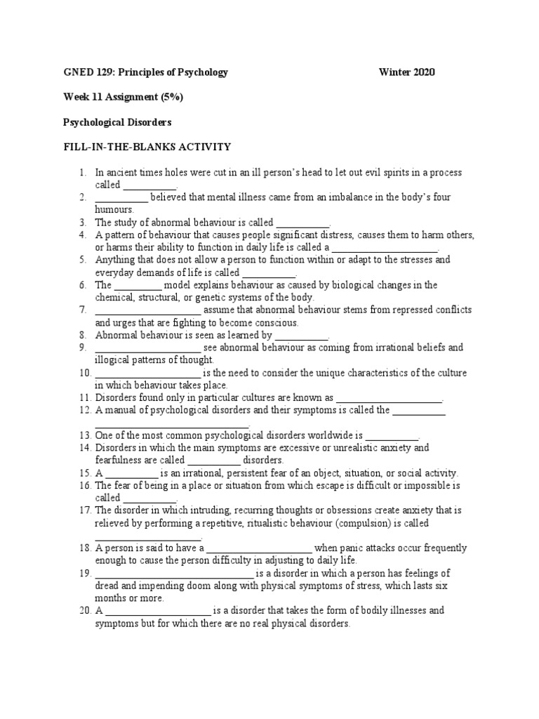 Psychological Disorders Fill-in-the-Blanks Activity | PDF | Mental ...