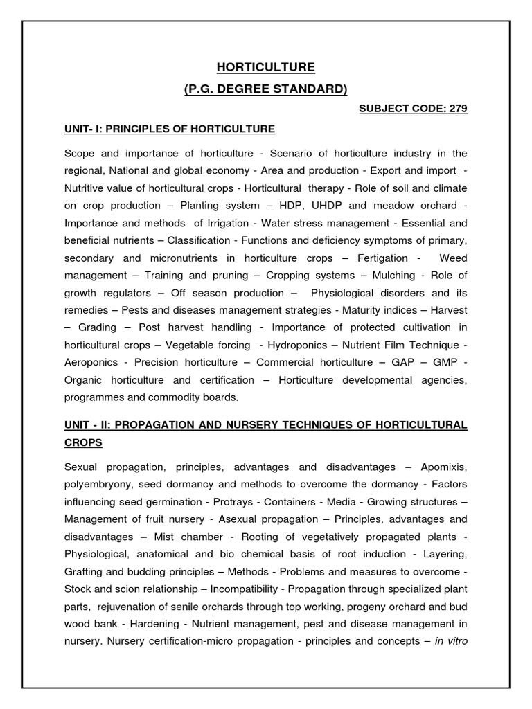 Horticulture (P.G. Degree Standard) : Subject Code: 279 Unit-I ...