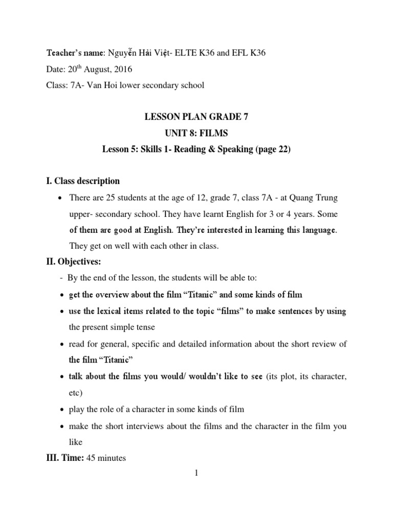 Lesson Plan Grade 7 Unit 8: Films Lesson 5: Skills 1-Reading & Speaking ...