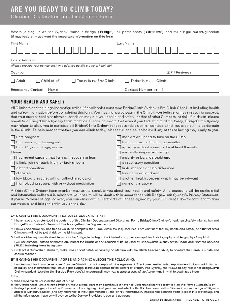 2019 Form Bridgeclimb Declaration-Form | PDF | Legal Guardian | Safety