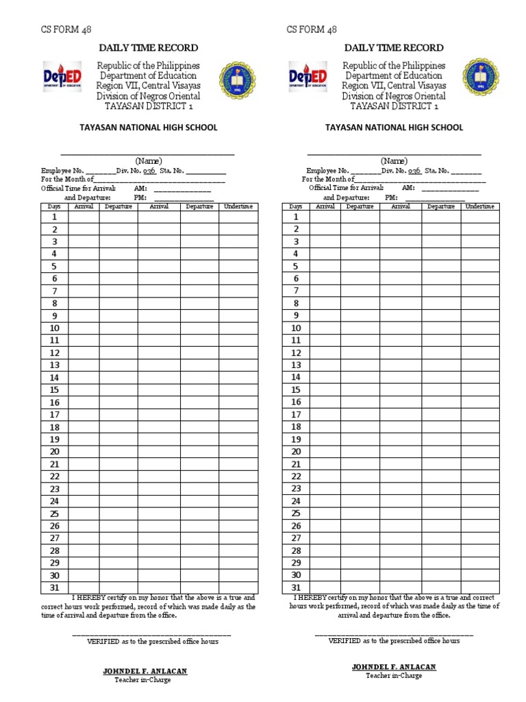 Tayasan National High School Tayasan National High School: Daily Time ...