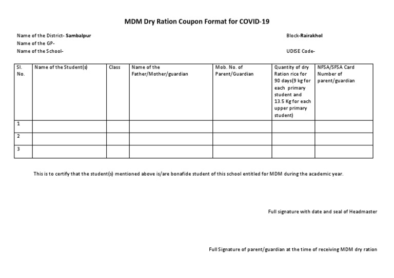 MDM Dry Ration Coupon Format For COVID2 | PDF