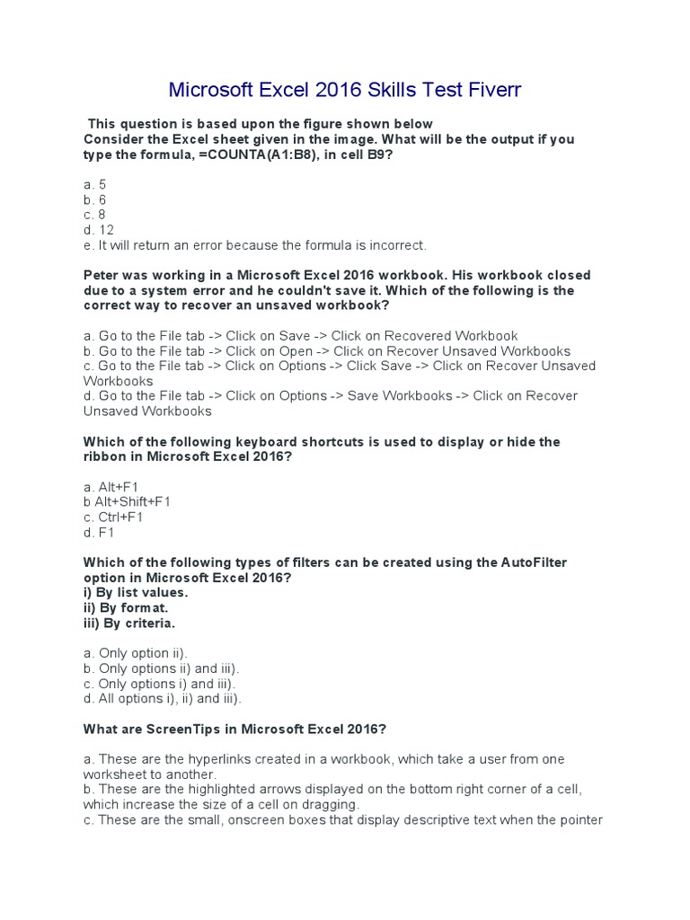 Microsoft Excel 2016 Skills Test Fiverr | PDF | Microsoft Excel ...