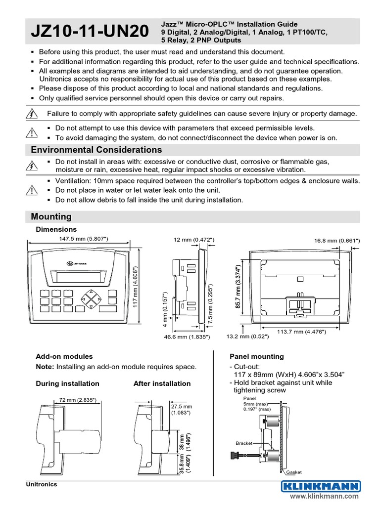 Unitronics Manuals JZ10-11-UN20 Install en 0511 | PDF | Bipolar Junction Transistor | Power Supply