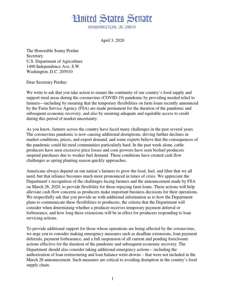 Farm Loans and Credit Covid19 Letter To USDA | PDF | Forbearance | Loans