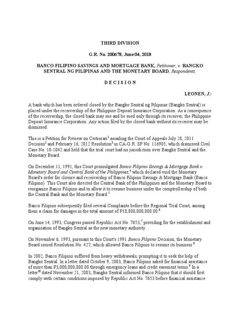 Banco Filipino Vs BSP | PDF | Certiorari | Receivership