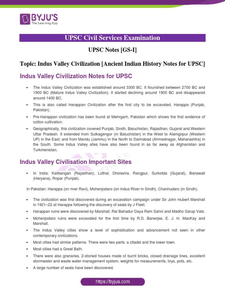 Indus Valley Civilization Ancient Indian History Notes For UPSC PDF ...
