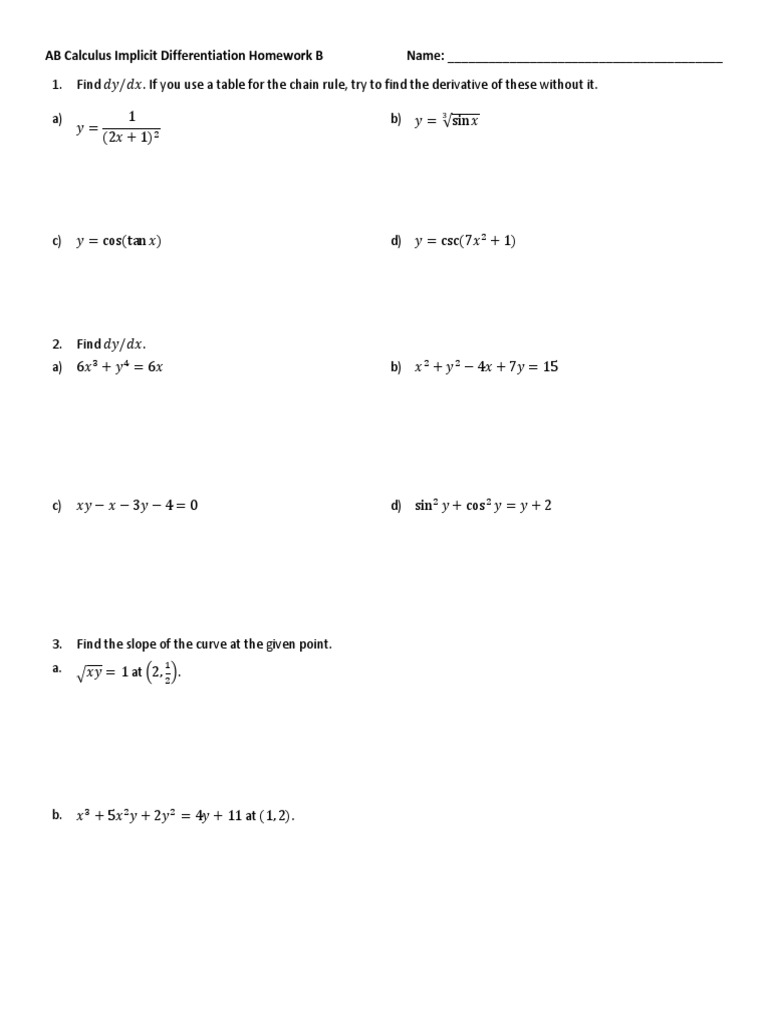 ABCALC Implicit Differentiation Homework B | PDF