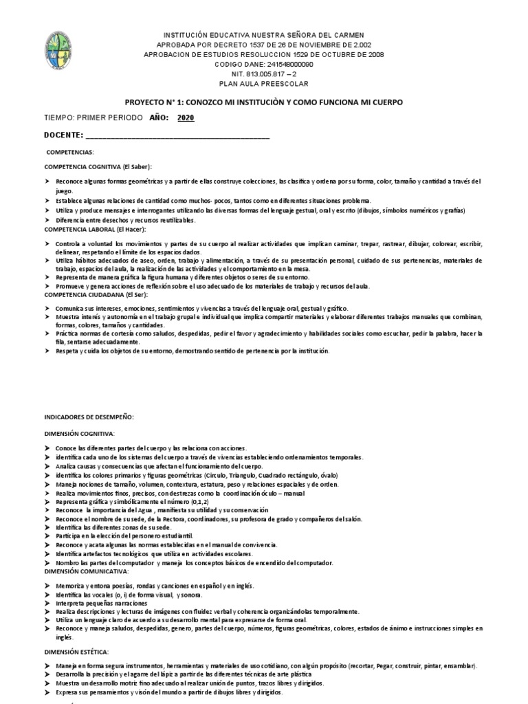 Plan de Aula I Periodo Preescolar 2020 | PDF | Educación de la primera ...