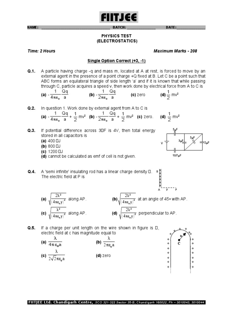 Time: 2 Hours Maximum Marks - 208: Physics Test (Electrostatics) | PDF ...
