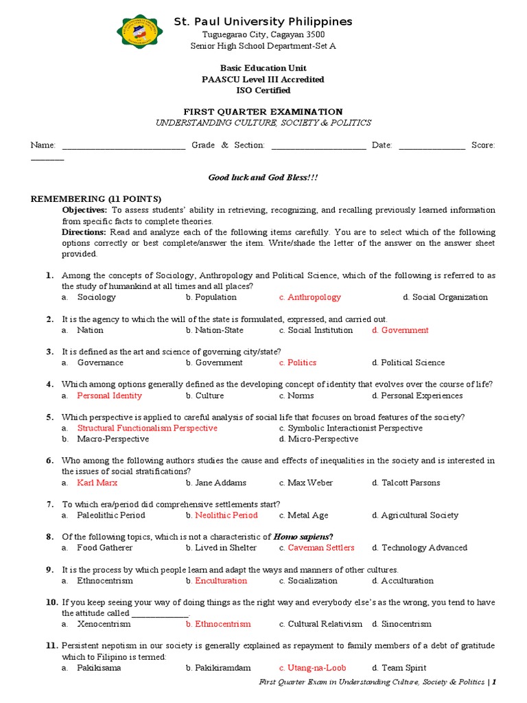 First Quarter Exam in Ucsp | PDF | Sociology | Homo