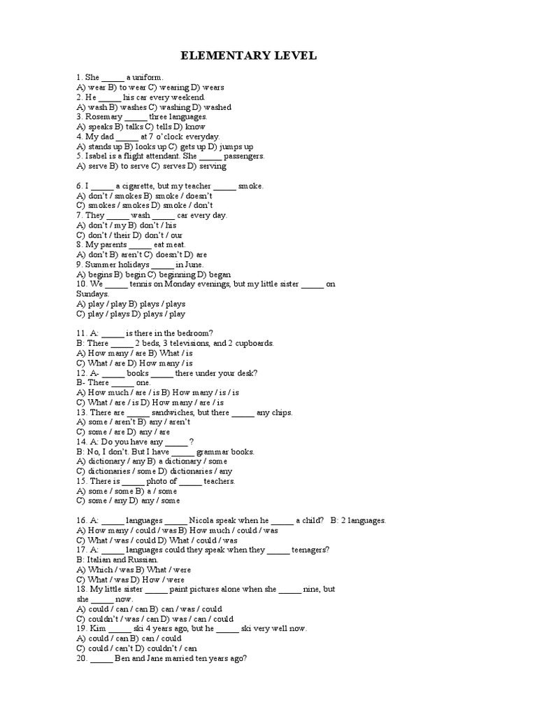 Elementary Level Grammar Questions: Verbs, Articles, Prepositions, and ...