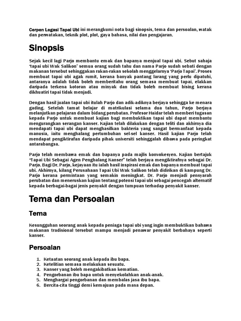 Cerpen Legasi Tapai Ubi | PDF