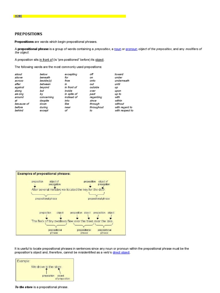 Prepositions: Prepositions Are Words Which Begin Prepositional Phrases | PDF | Preposition And ...