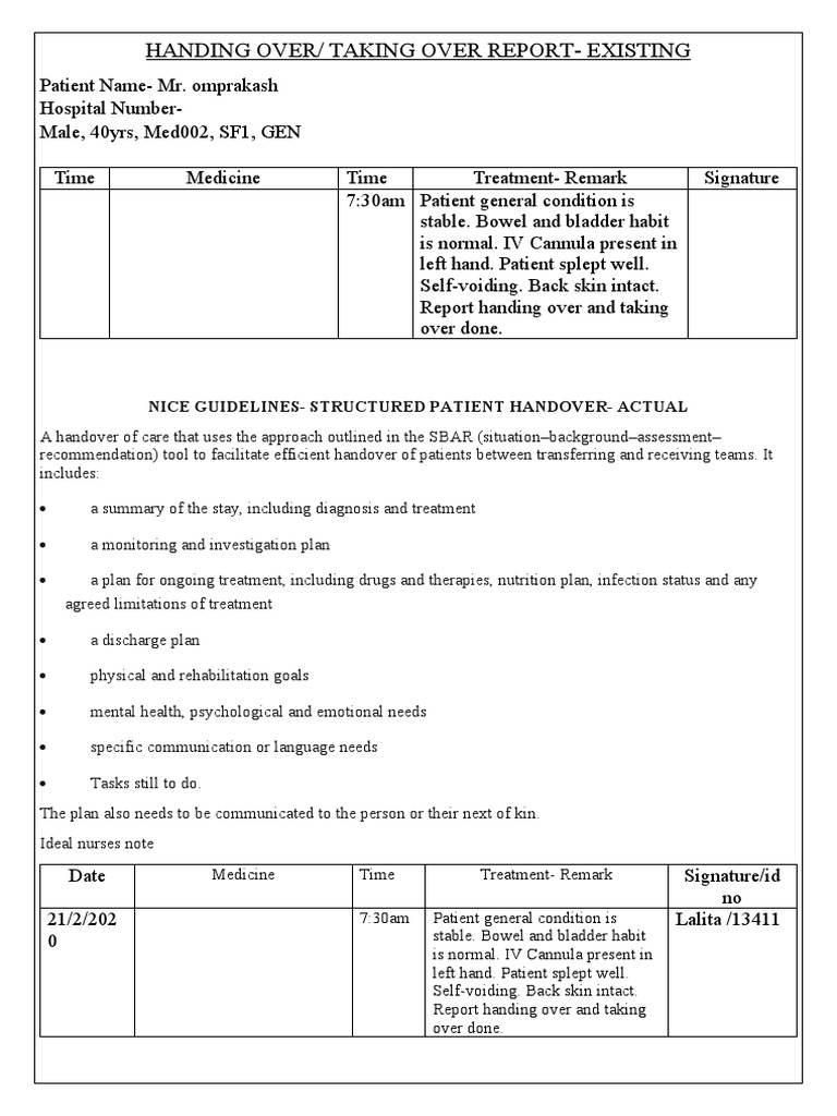 Handing Over/ Taking Over Report-Existing: Nice Guidelines - Structured ...