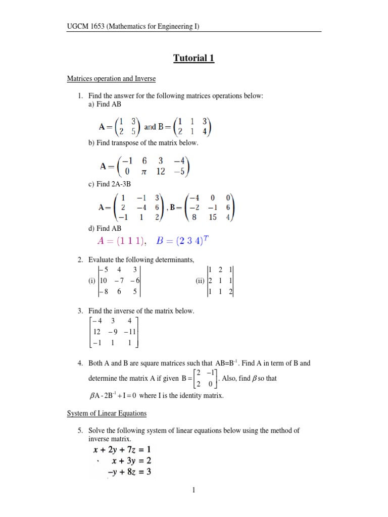 Tutorial 1 Linear Algebra Pdf Eigenvalues And Eigenvectors System Of Linear Equations