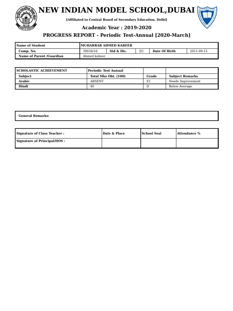 Academic Year: 2019-2020 PROGRESS REPORT - Periodic Test-Annual (2020 ...