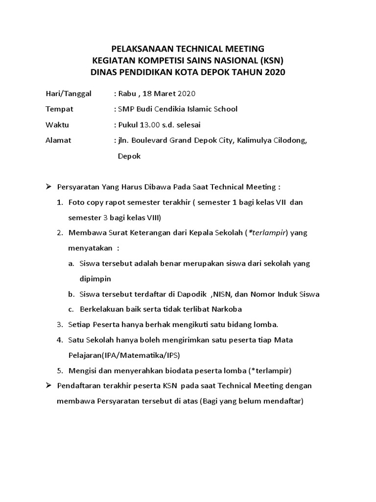 Persyaratan Technical Meeting Lomba KSN | PDF | Olahraga & Rekreasi