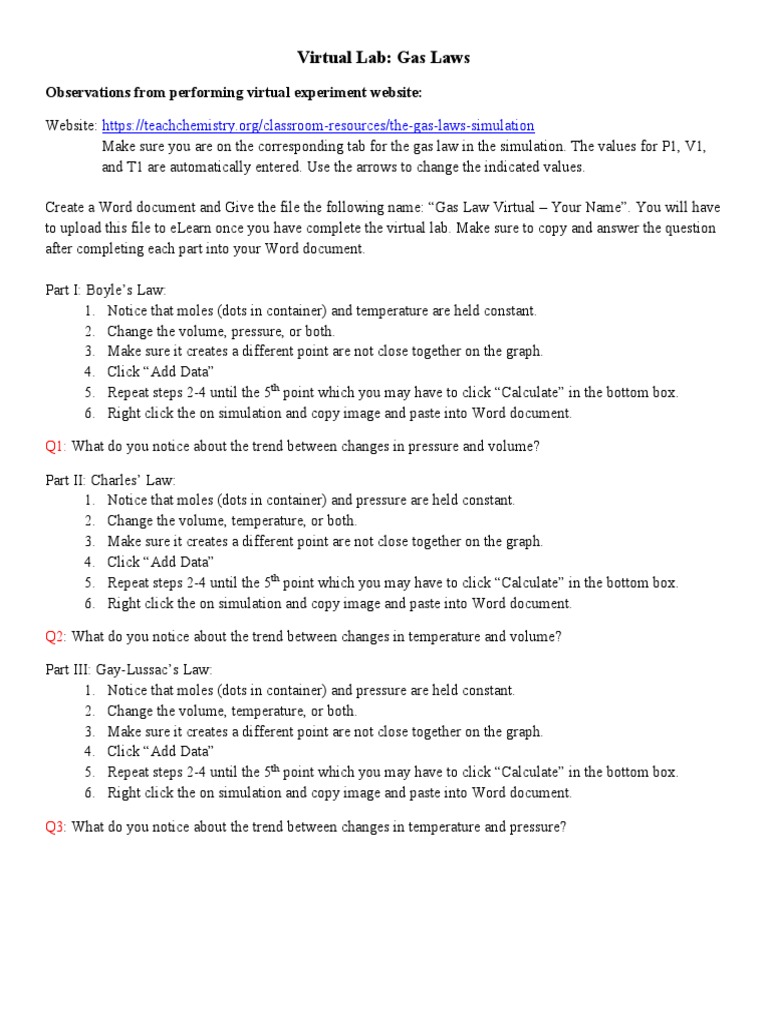 Gas Laws Virtual Lab Instructions | PDF