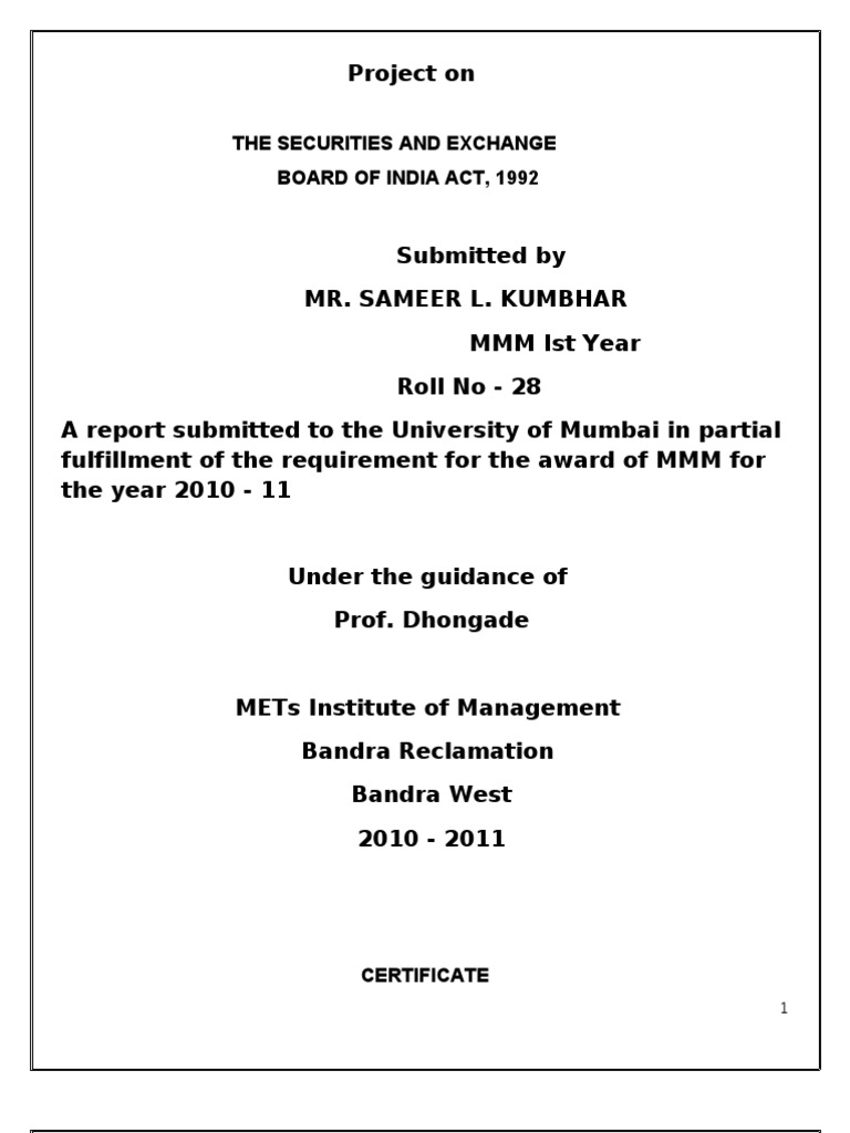 Project On Sebi Act 1992 | PDF | Securities (Finance) | Corporations