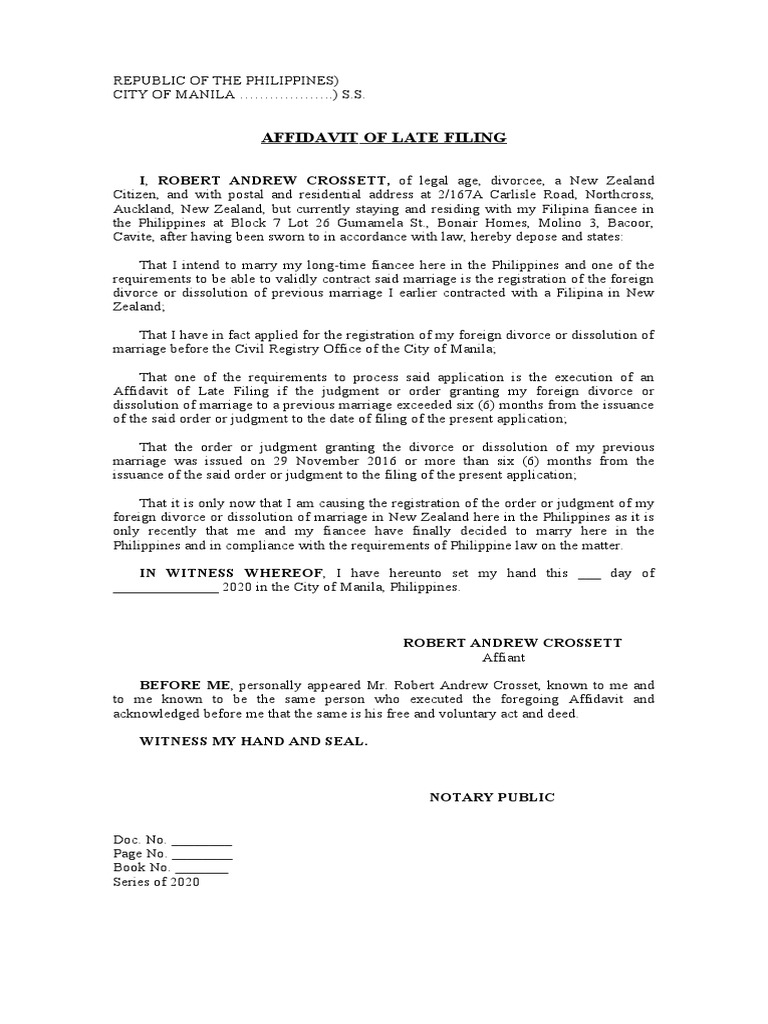 Affidavit of Late Filing - Robert Andrew Crosset | PDF | Affidavit ...