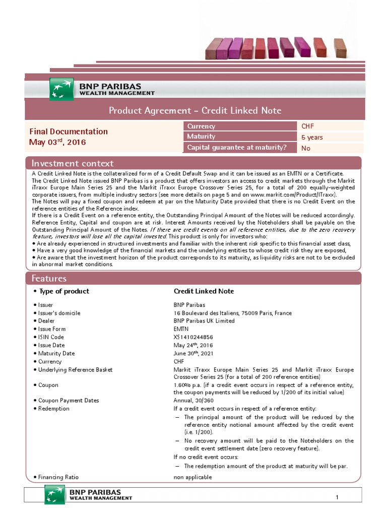 Product Agreement - Credit Linked Note: Final Documentation May 03 ...