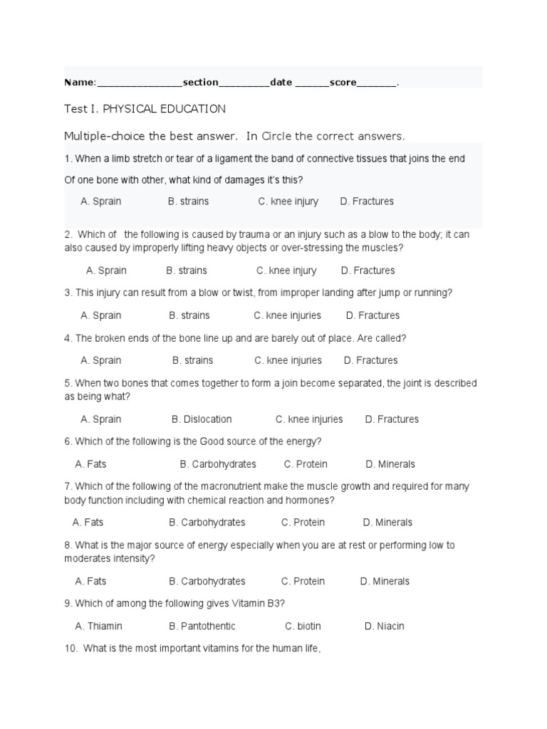 Test I. Physical Education Multiple-Choice The Best Answer. in | PDF ...