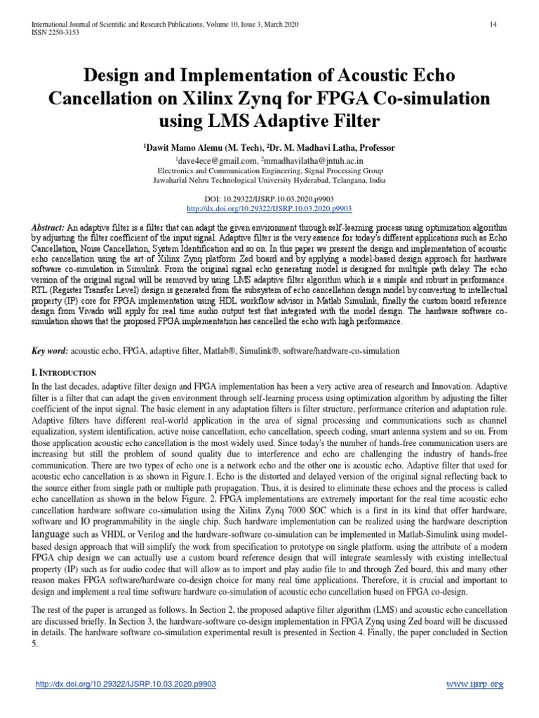 Acoustic Echo Cancellation On Xilinx Zynq For FPGA Co-Simulation Using Adaptive Filter | PDF ...