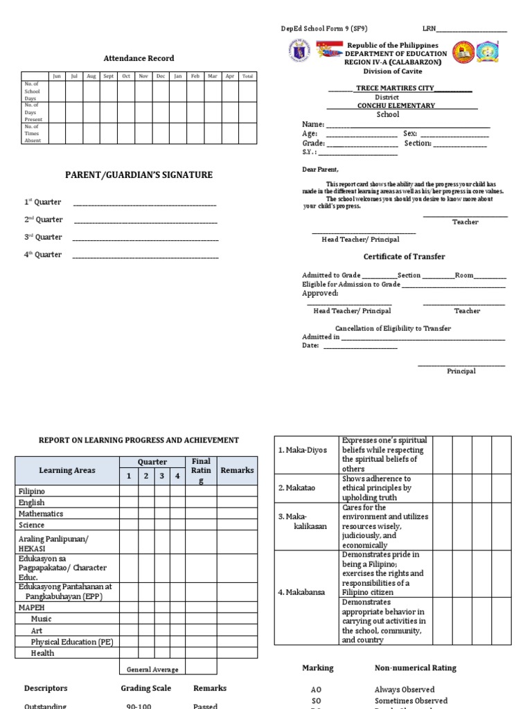 SF 9 - ES ( (Learner's Progress Report Card) | PDF | Behavior ...