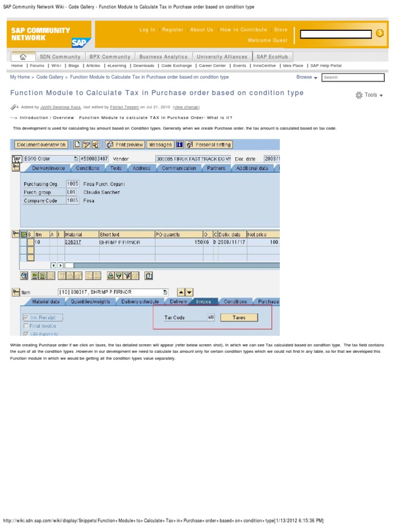 Function Module To Calculate Tax In Purchase Order Based On Condition Type Pdf Computing 