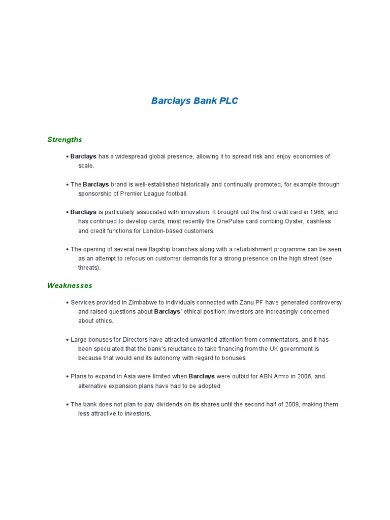Barclays Bank PLC SWOT Analysis | PDF | Barclays | Banks