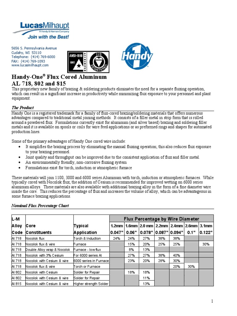 Handy-One Flux Cored Aluminum AL 718, 802 and 815: The Product | PDF ...