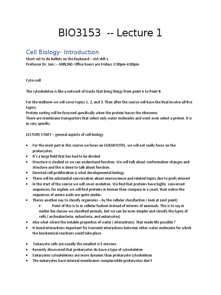 BIO3153 - Lecture 1: Cell Biology - Introduction | PDF | Cell Membrane ...