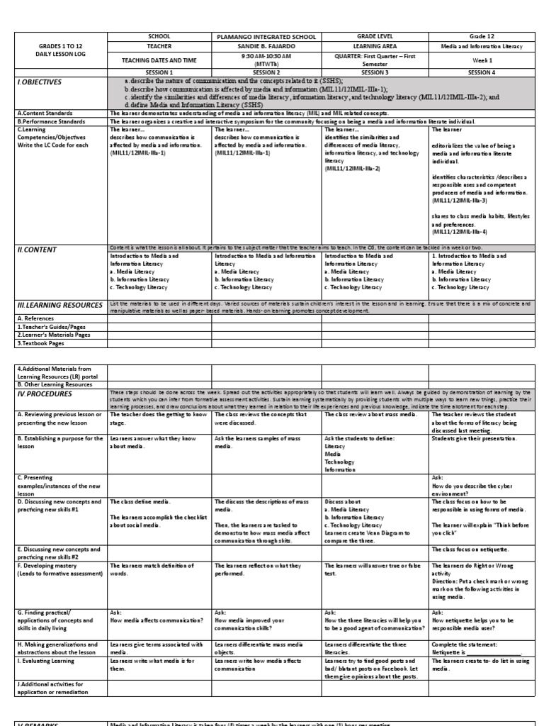 DLL Mil Grade 12 | PDF | Information Literacy | Literacy