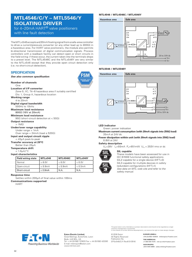MTL4546/C/Y - MTL5546/Y Isolating Driver: For 4-20ma HART Valve ...