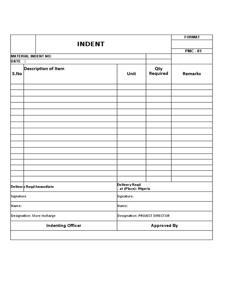 Material Indent Format for Stores | PDF
