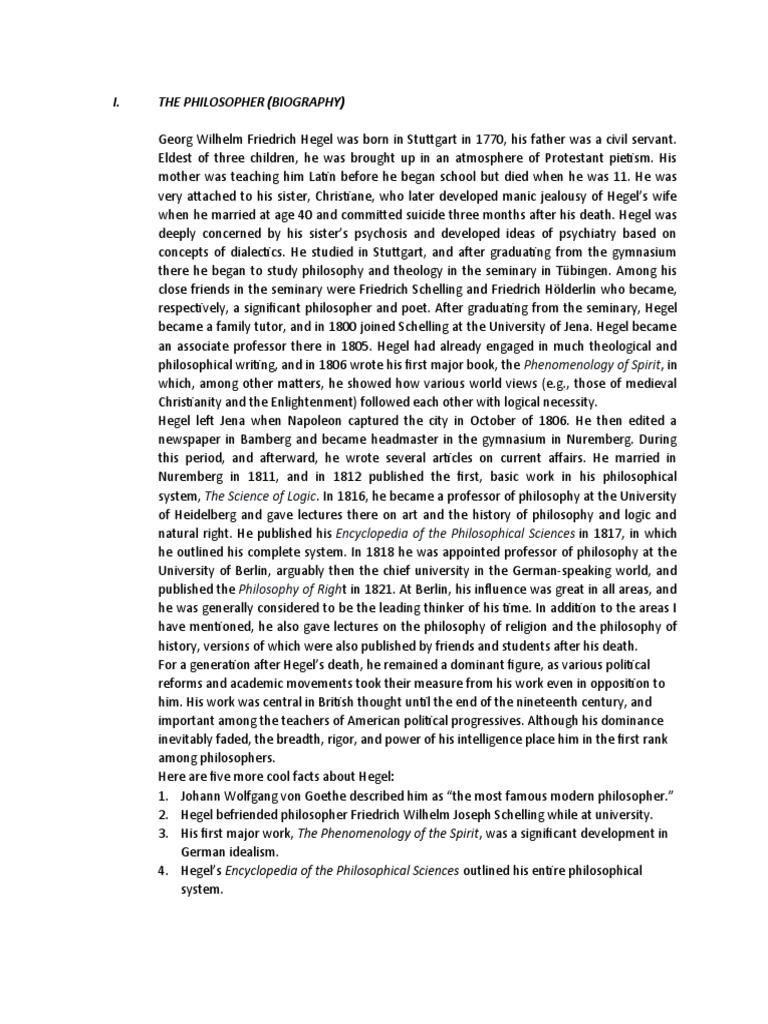 I. The Philosopher (Biography) : Phenomenology of Spirit | PDF | Georg ...