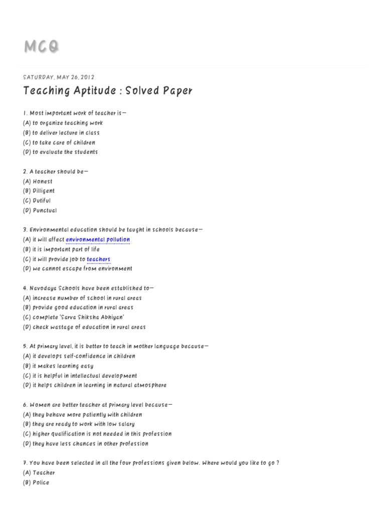 MCQ - Teaching Aptitude - Solved Paper | PDF | Schools | Teachers