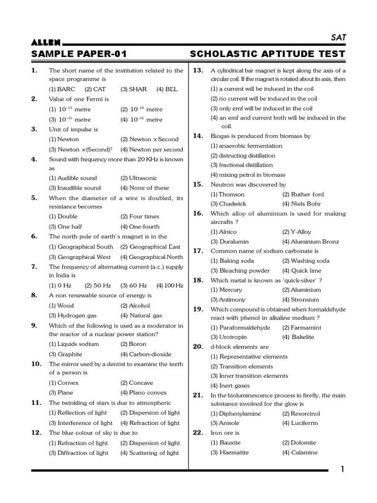 Sample Paper-01 Scholastic Aptitude Test: SAT Allen | PDF | Meiosis ...