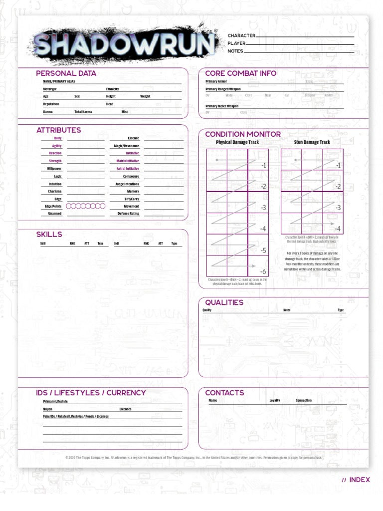 Shadowrun, Sixth World Character Sheet | PDF | Weaponry | Leisure